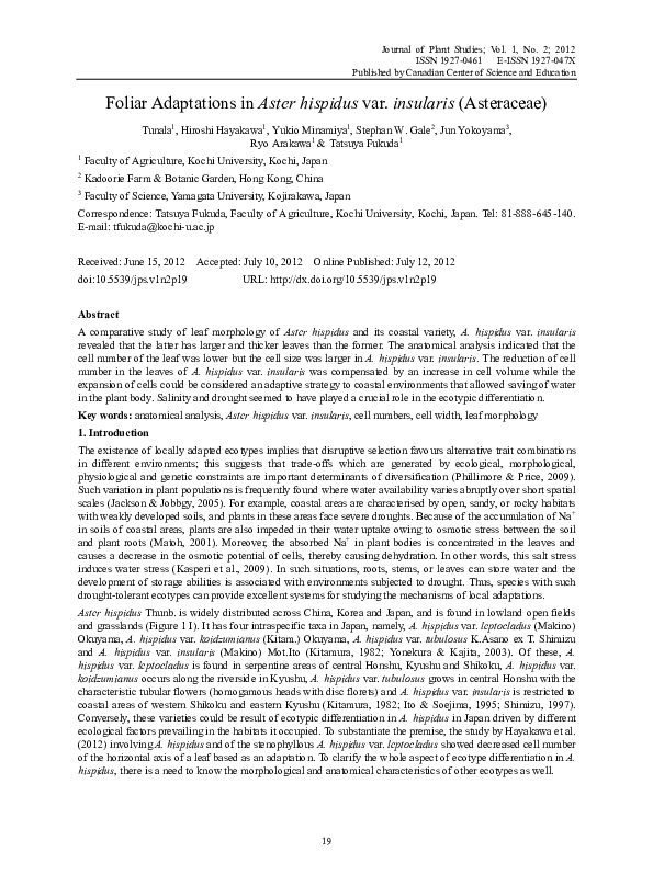 (PDF) Foliar Adaptations in Aster hispidus var. insularis (Asteraceae)