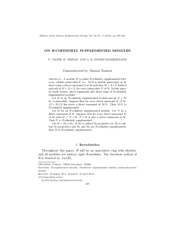 (PDF) On H-Cofinitely Supplemented Modules