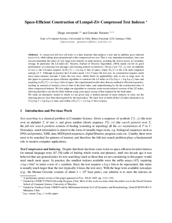 Pdf Space Efficient Construction Of Lempelziv Compressed Text Indexes