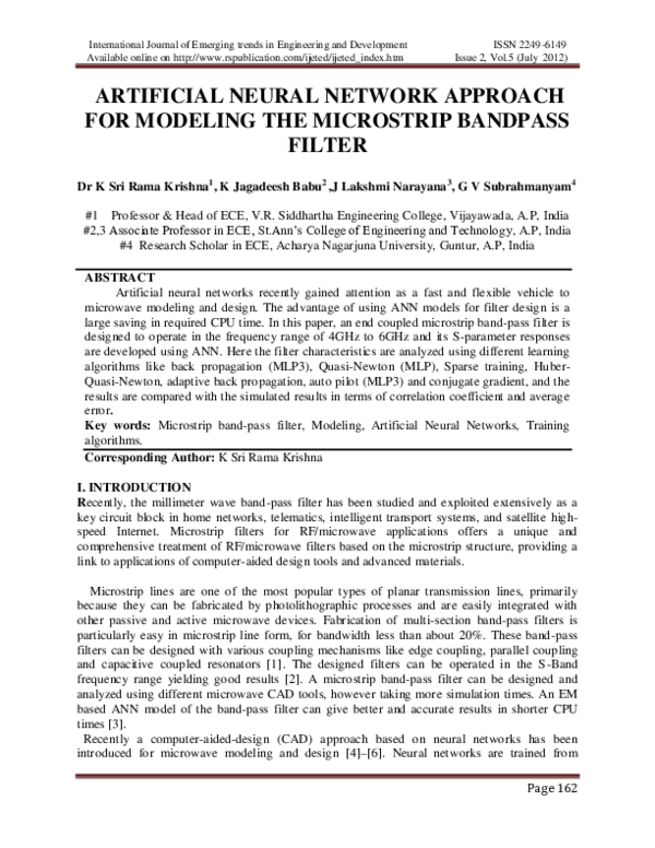 (PDF) Artificial Neural Network Approach for Modeling the Microstrip Bandpass Filter