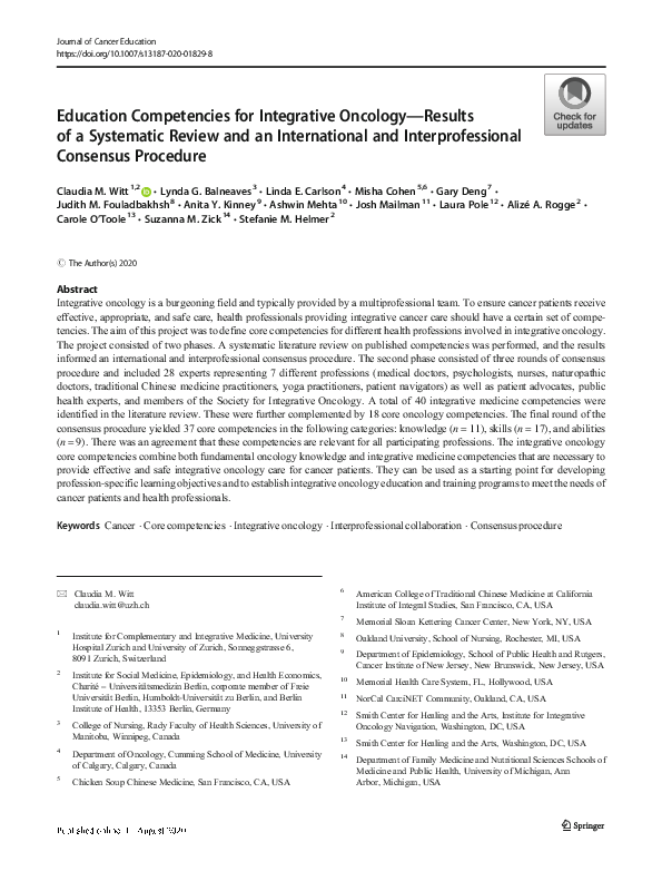 (PDF) Education Competencies for Integrative Oncology—Results of a ...