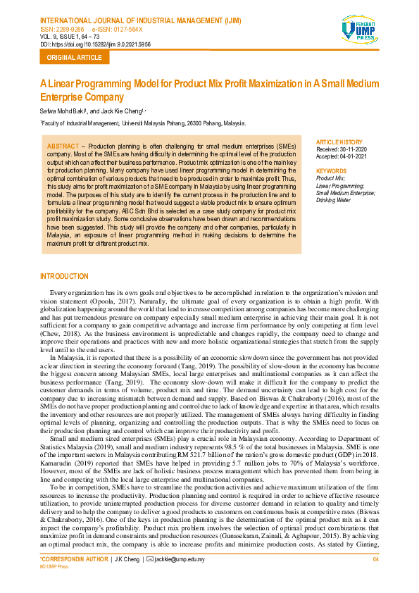 Pdf A Linear Programming Model For Product Mix Profit Maximization In