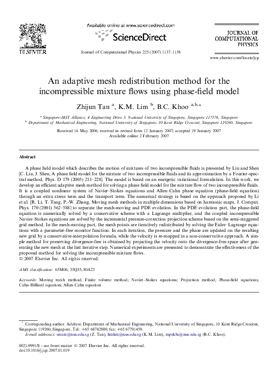 (PDF) An adaptive mesh redistribution method for the incompressible mixture flows using phase ...