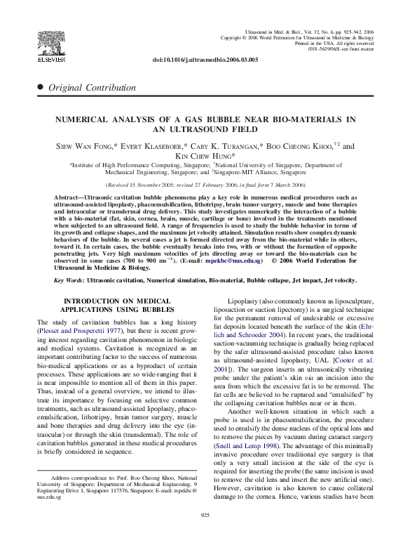 (PDF) Numerical analysis of a gas bubble near bio-materials in an ultrasound field | Boo Cheong ...