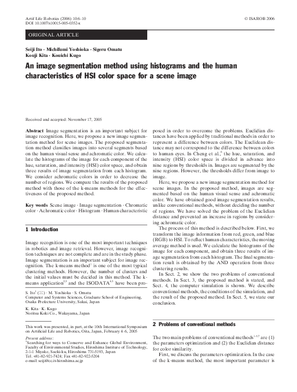 Pdf An Image Segmentation Method Using Histograms And The Human Characteristics Of Hsi Color 