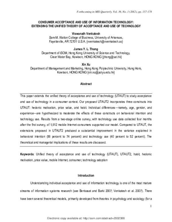 Pdf Consumer Acceptance And Use Of Information Technology Extending The Unified Theory Of