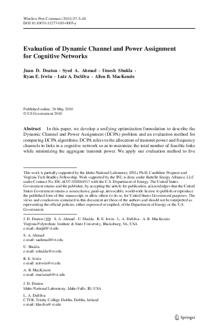 (PDF) Evaluation of Dynamic Channel and Power Assignment for Cognitive Networks