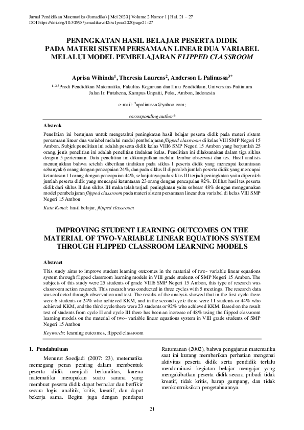 (PDF) Peningkatan Hasil Belajar Peserta Didik Pada Materi Sistem Persamaan Linear Dua Variabel ...
