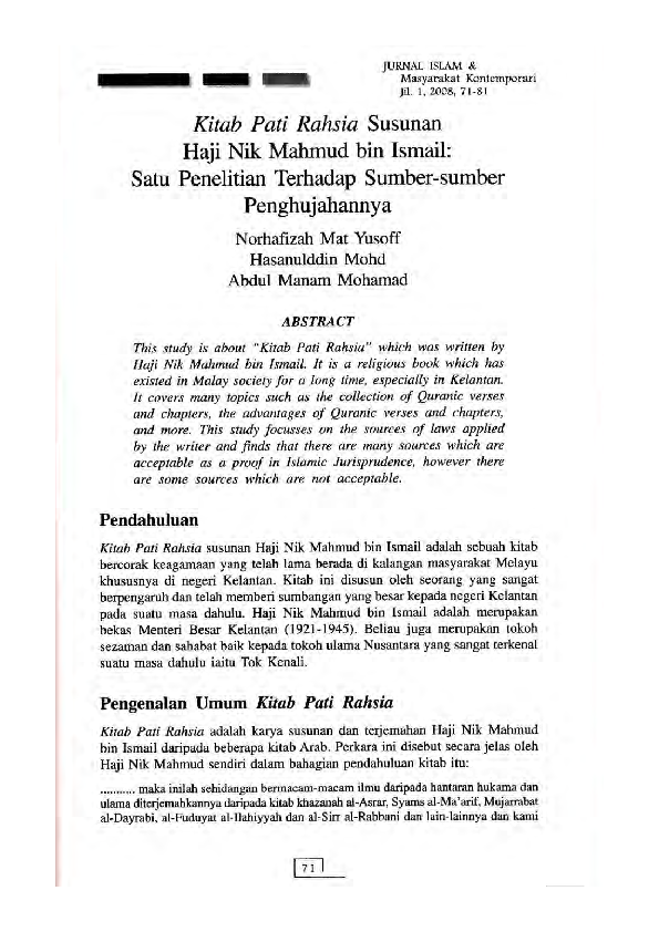 (PDF) Kitab Pati Rahsia Susunan Haji Nik Matrmud bin Ismail: Satu ...