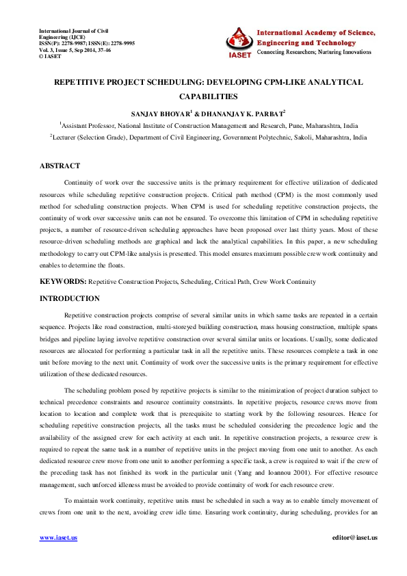 (PDF) Repetitive Project Scheduling: Developing CPM-Like Analytical Capabilities