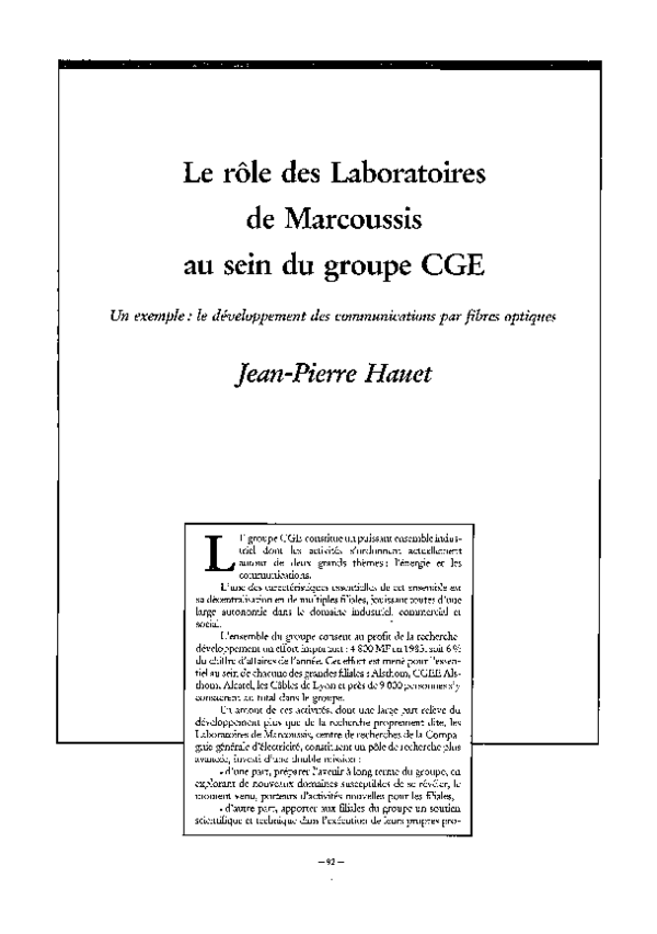 (PDF) Le rôle des Laboratoires de Marcoussis au sein du groupe CGE. Un ...