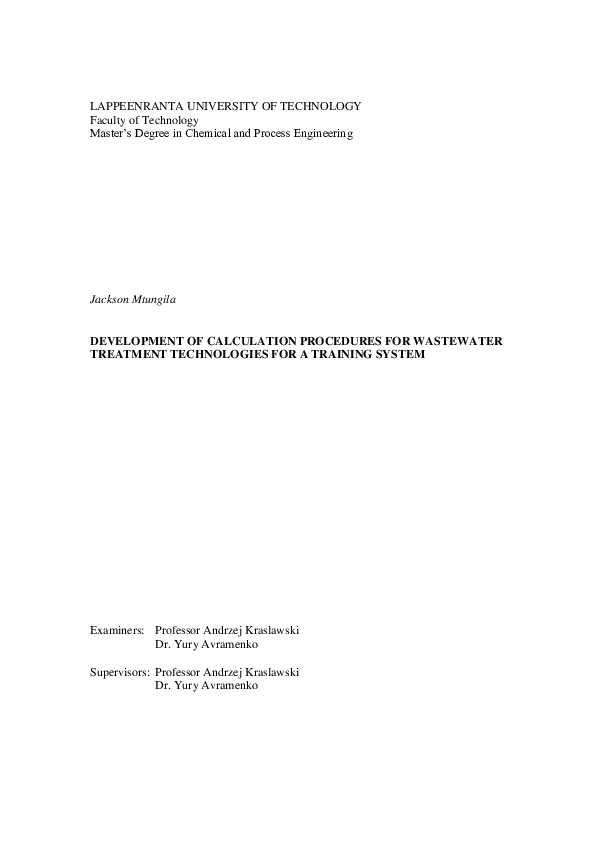 (PDF) Development of Calculation Procedures for Wastewater Treatment Technologies for a Training ...