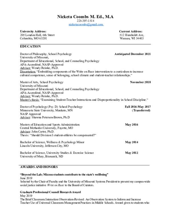 (DOC) Nicketa Coombs 2021 CV | Nicketa Coombs - Academia.edu