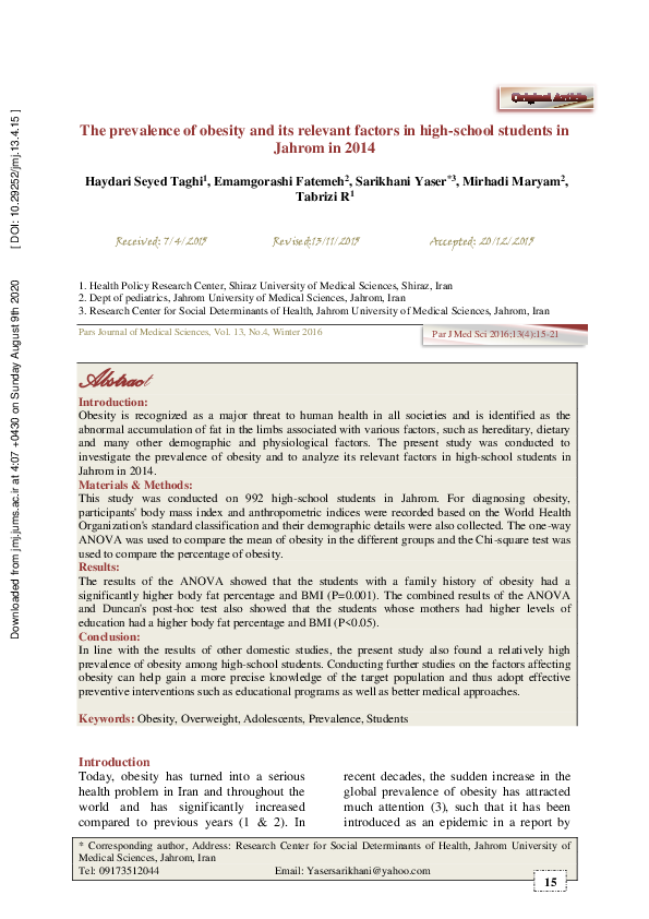 (PDF) Prevalence of overweight and obesity among junior high school ...
