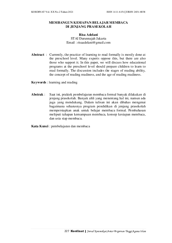 (PDF) Membangun Kesiapan Belajar Membaca di Jenjang Prasekolah