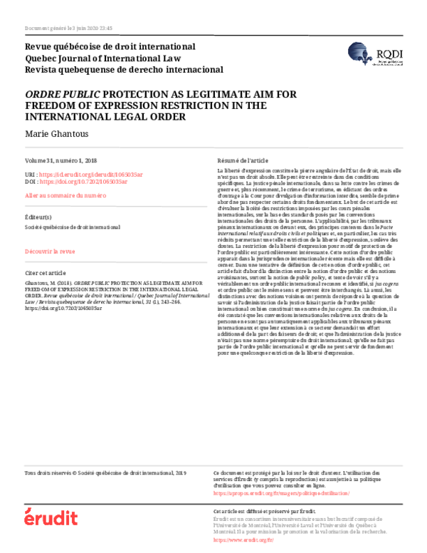 (PDF) Ordre Public Protection as Legitimate Aim for Freedom of ...