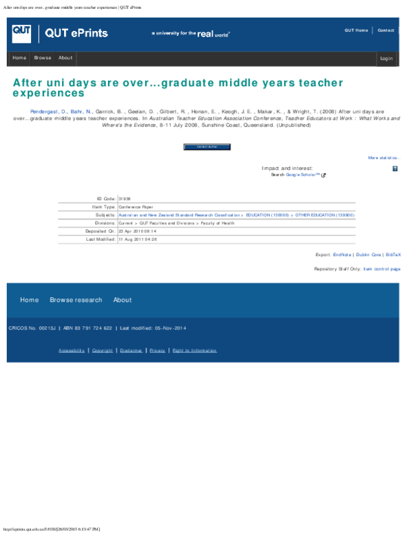 (PDF) After uni days are over... graduate middle years teacher ...