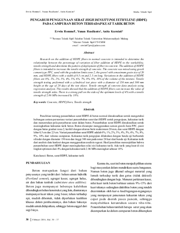 Pdf Pengaruh Penggunaan Serat High Density Polyethylene Hdpe Pada