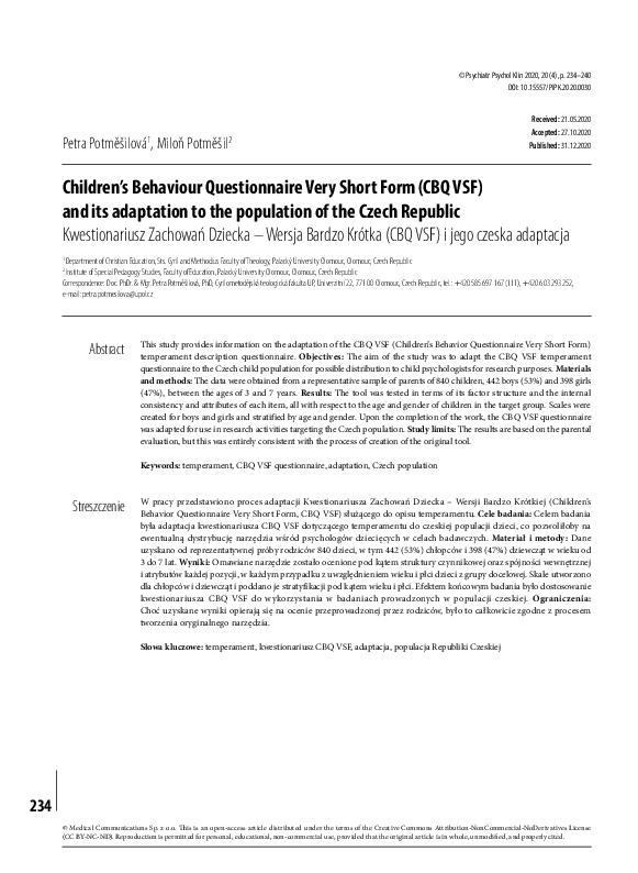 (PDF) Children’s Behaviour Questionnaire Very Short Form (CBQ VSF) and ...