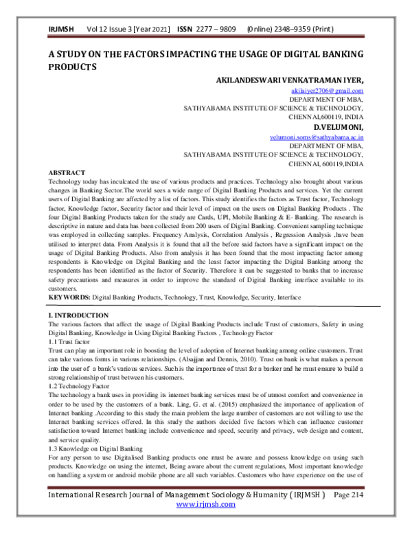 (PDF) A STUDY ON THE FACTORS IMPACTING THE USAGE OF DIGITAL BANKING ...