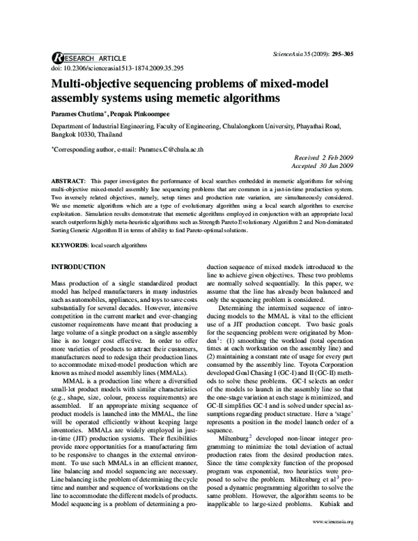Pdf Multi Objective Sequencing Problems Of Mixed Model Assembly Systems Using Memetic
