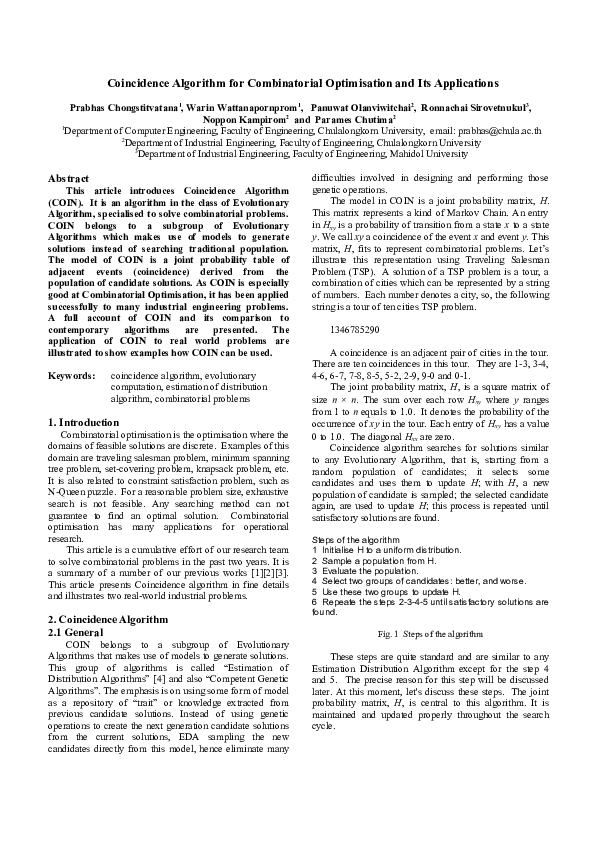 Pdf Coincidence Algorithm For Combinatorial Optimisation And Its Applications