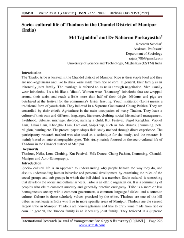 (PDF) Socio-cultural life of Thadous in the Chandel District of Manipur ...