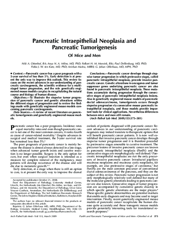 (PDF) Pancreatic intraepithelial neoplasia and pancreatic tumorigenesis: of mice and men