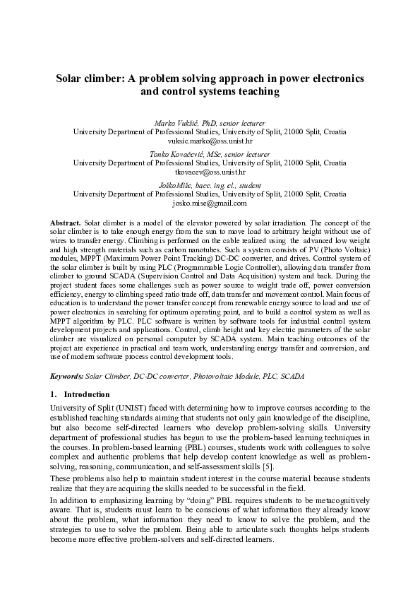 (PDF) Solar climber: A problem solving approach in power electronics and control systems teaching