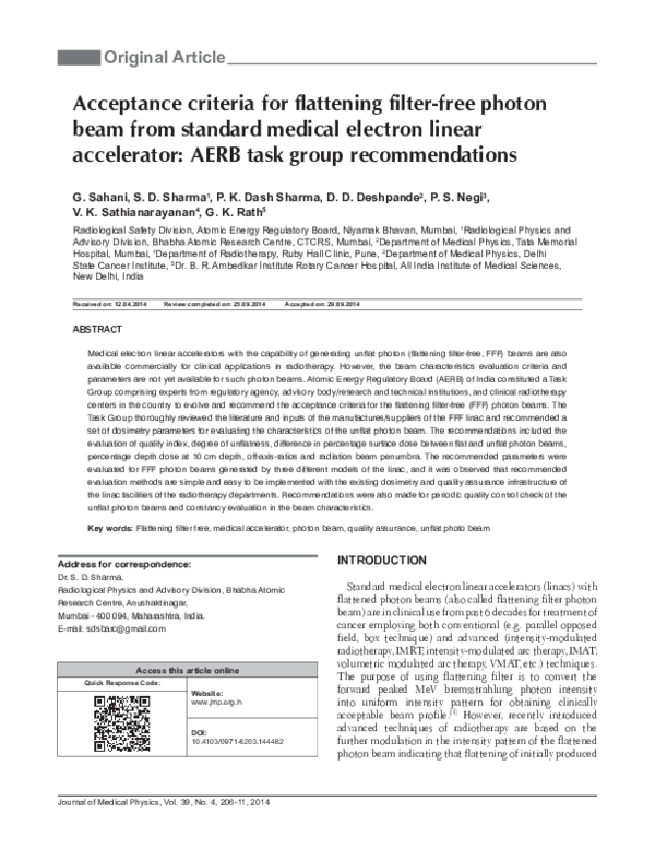 (PDF) Acceptance criteria for flattening filter-free photon beam from standard medical electron ...