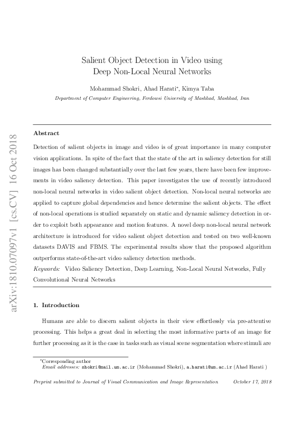 Pdf Salient Object Detection In Video Using Deep Non Local Neural
