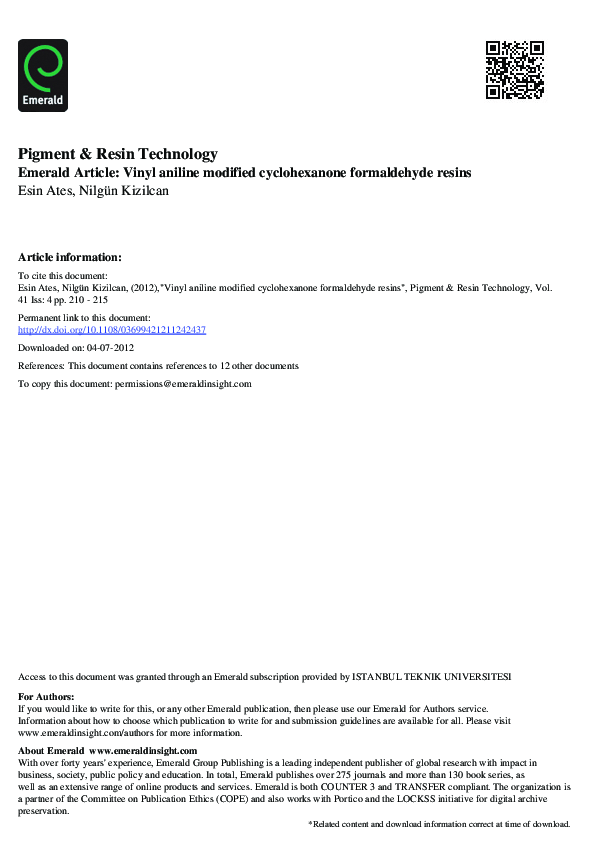 (PDF) Vinyl aniline modified cyclohexanone formaldehyde resins