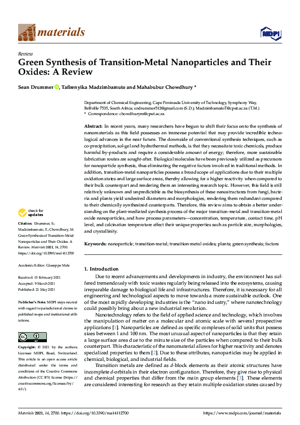 (PDF) Green Synthesis of Transition-Metal Nanoparticles and Their Oxides: A Review