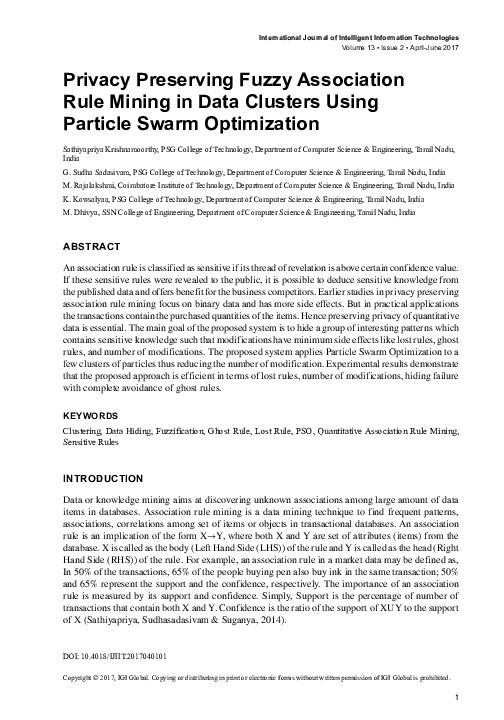 Pdf Privacy Preserving Fuzzy Association Rule Mining In Data Clusters