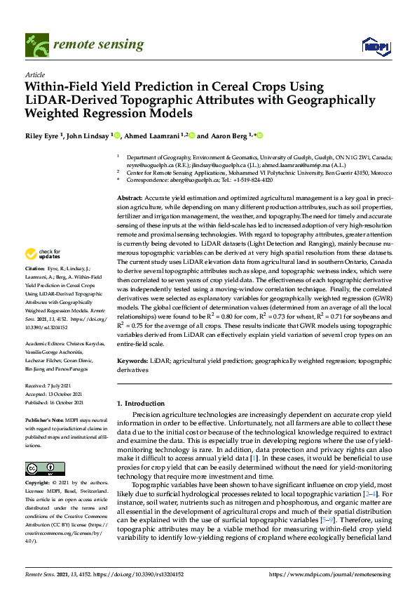 (PDF) Within-Field Yield Prediction in Cereal Crops Using LiDAR-Derived ...