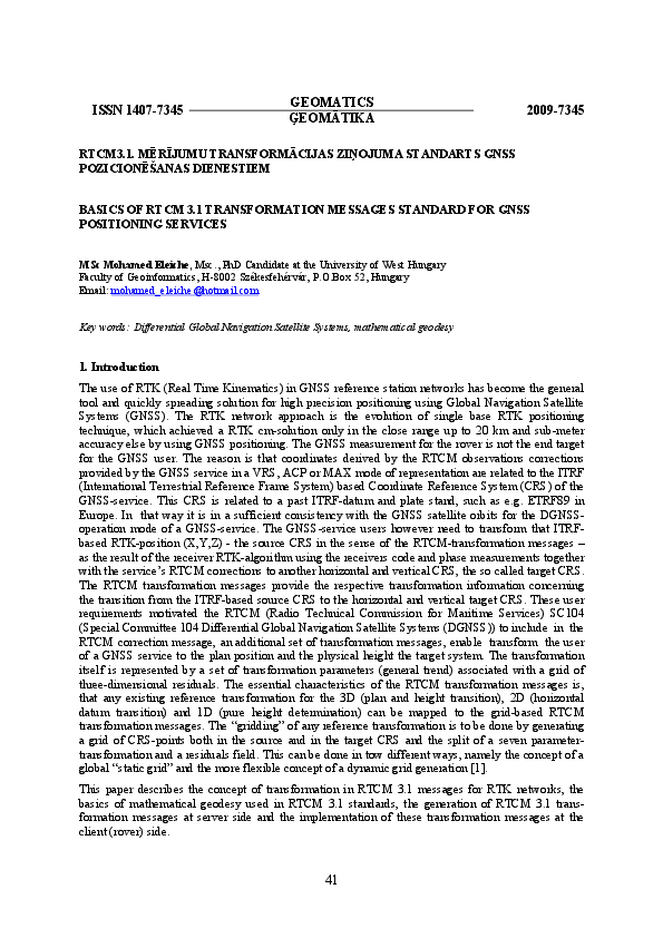 (PDF) Basics of RTCM 3.1 Transformation Messages Standard for GNSS ...