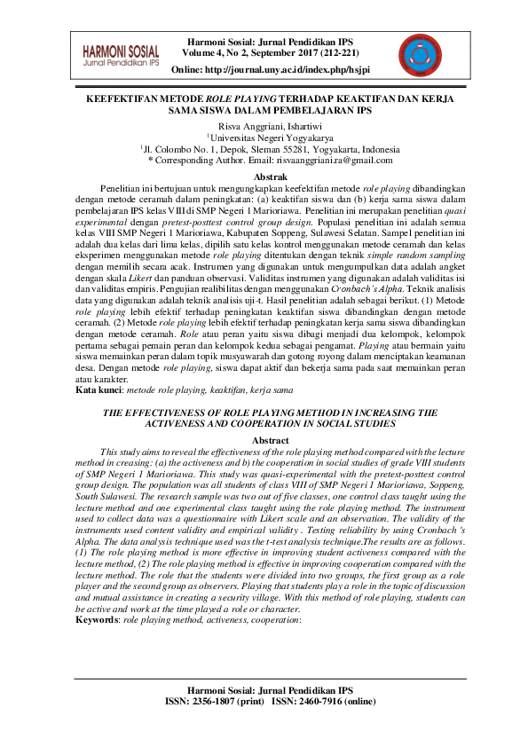 (PDF) Keefektifan metode role playing terhadap keaktifan dan kerja sama siswa dalam pembelajaran IPS