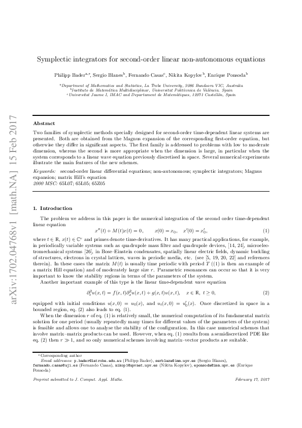 (PDF) Symplectic integrators for second-order linear non-autonomous ...