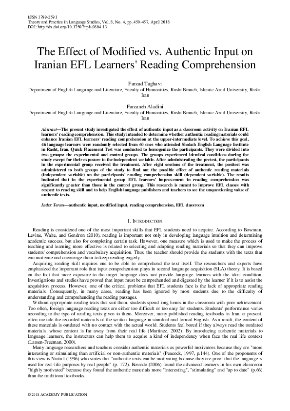 (PDF) The Effect of Modified vs. Authentic Input on Iranian EFL Learners' Reading Comprehension