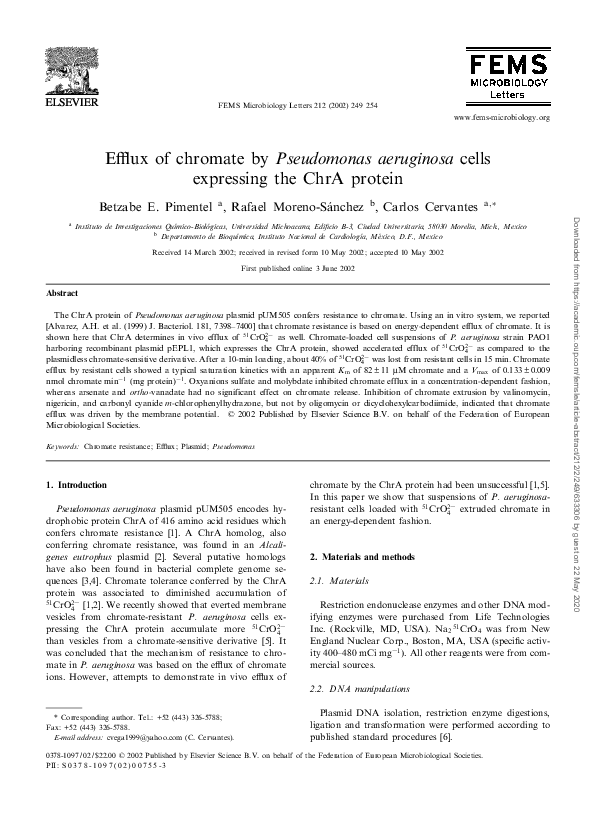 (PDF) Efflux of chromate by Pseudomonas aeruginosa cells expressing the ...