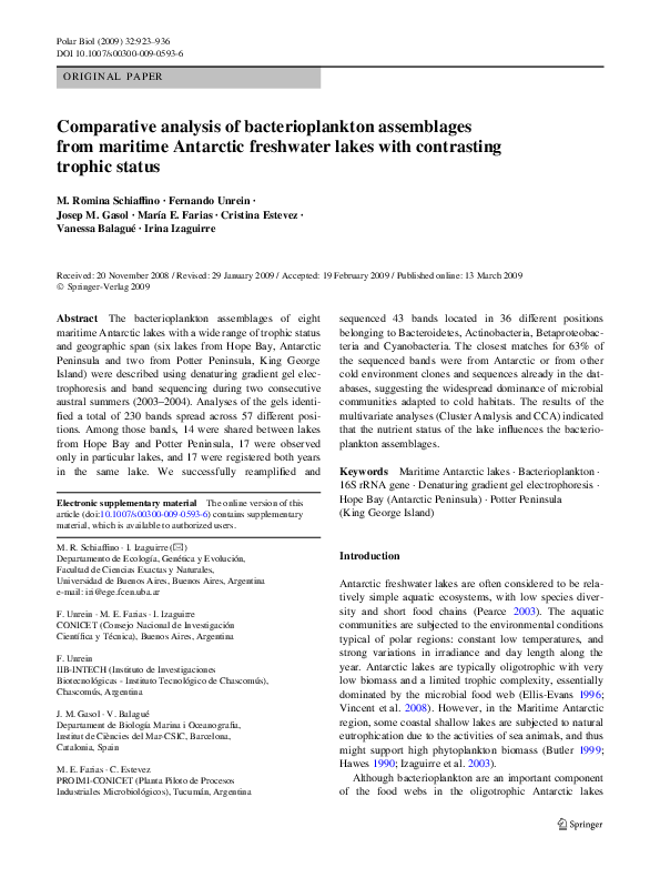(PDF) Comparative analysis of bacterioplankton assemblages from maritime Antarctic freshwater ...
