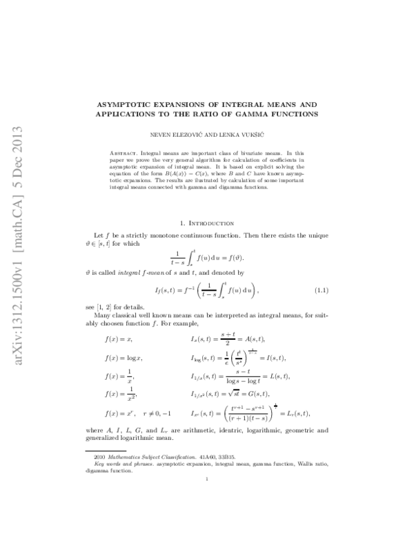 (PDF) Asymptotic expansions of integral means and applications to the ratio of gamma functions