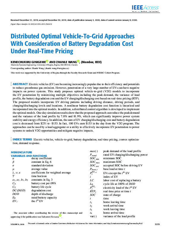 (PDF) Distributed Optimal Vehicle-To-Grid Approaches with Consideration of Battery Degradation ...