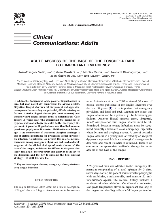 (PDF) Acute Abscess of the Base of the Tongue: A Rare But Important ...