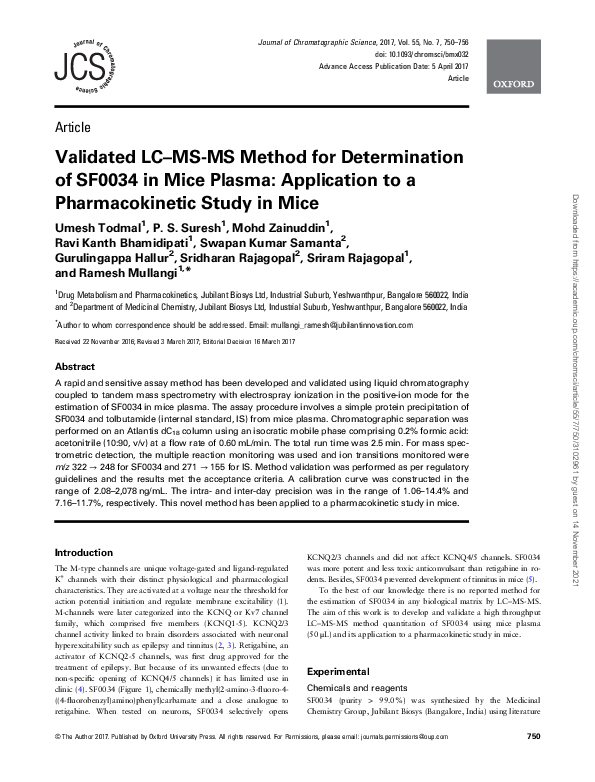 (PDF) Validated LC-MS-MS Method for Determination of SF0034 in Mice Plasma: Application to a ...