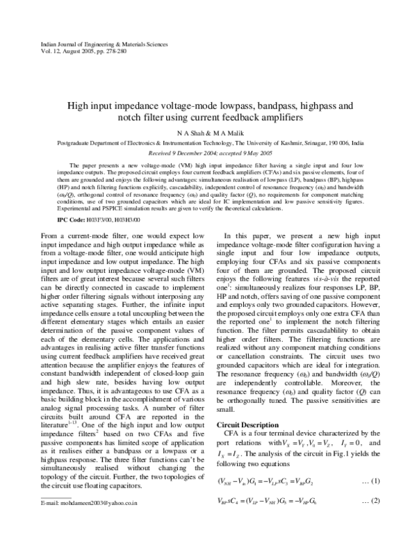 (PDF) New High Input Impedance Voltage-Mode Lowpass, Bandpass and ...
