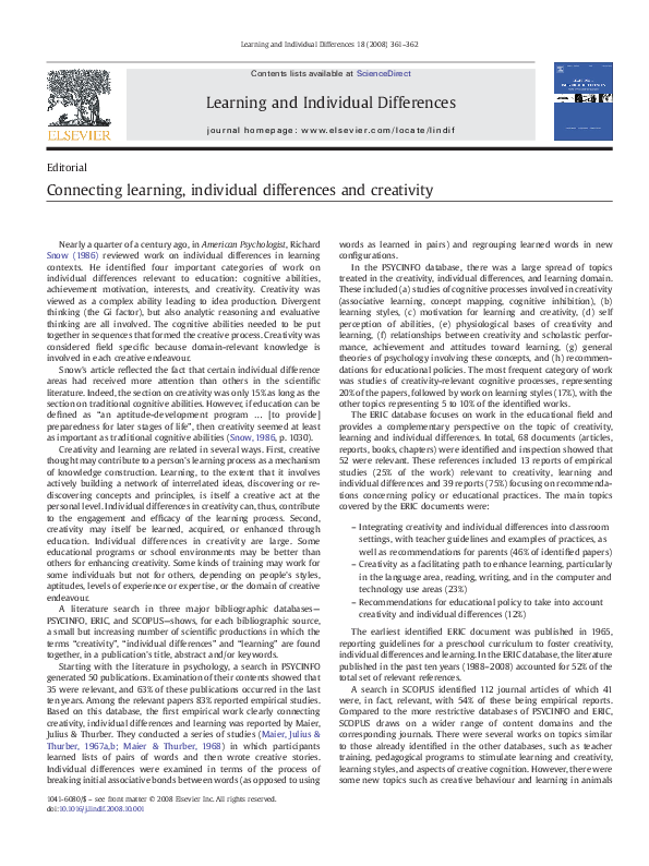 (PDF) Connecting learning, individual differences and creativity
