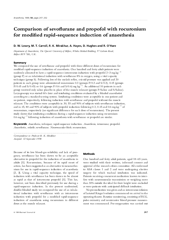 (PDF) Comparison of sevoflurane and propofol with rocuronium for ...