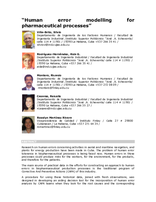 (PDF) Human error modelling for pharmaceutical processes