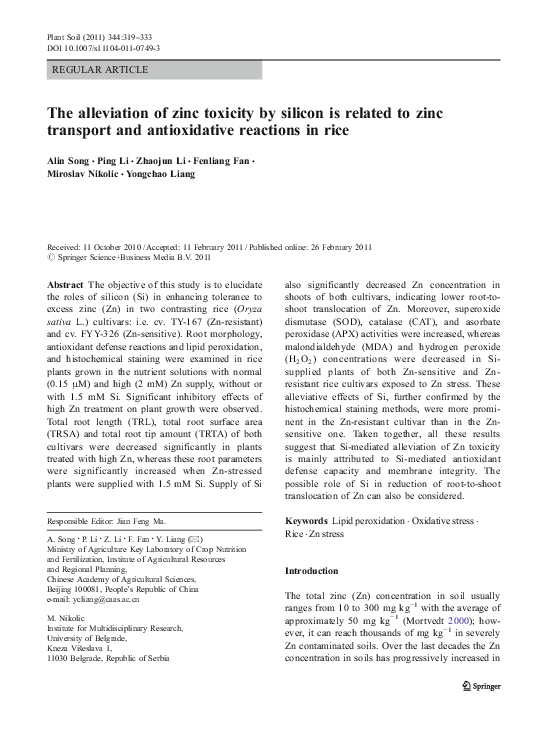 (PDF) The alleviation of zinc toxicity by silicon is related to zinc ...